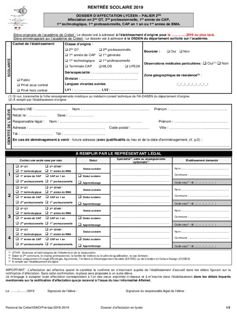 Remplissable En Ligne D-2 Dossier d'affectation fin de 2nde GT Rentre scolaire ... Fax Email ...
