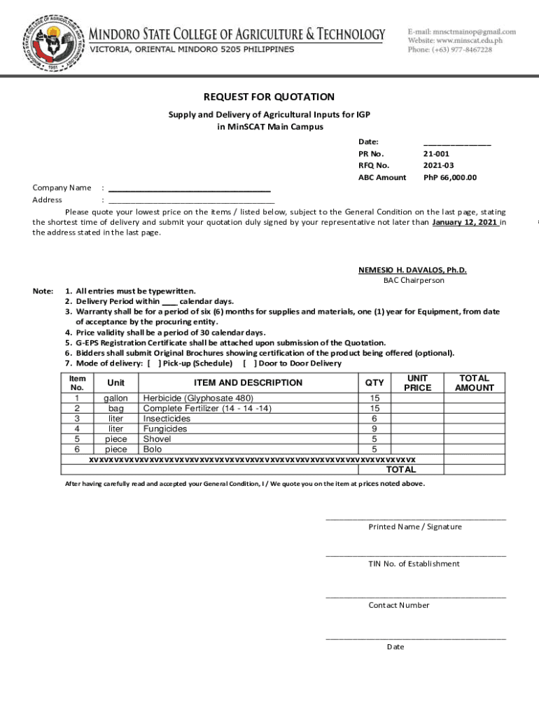 Fillable Online Supply and Delivery of Agricultural Inputs for IGP Fax ...