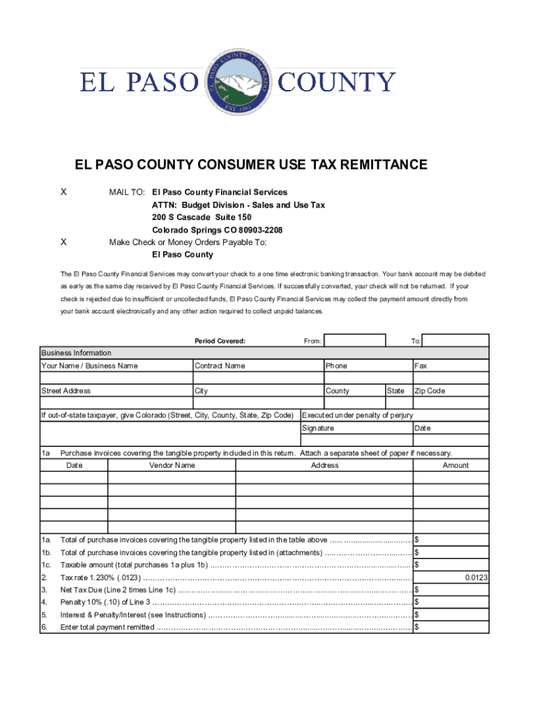Fillable Online EL PASO COUNTY CONSUMER USE TAX REMITTANCE Fax Email ...