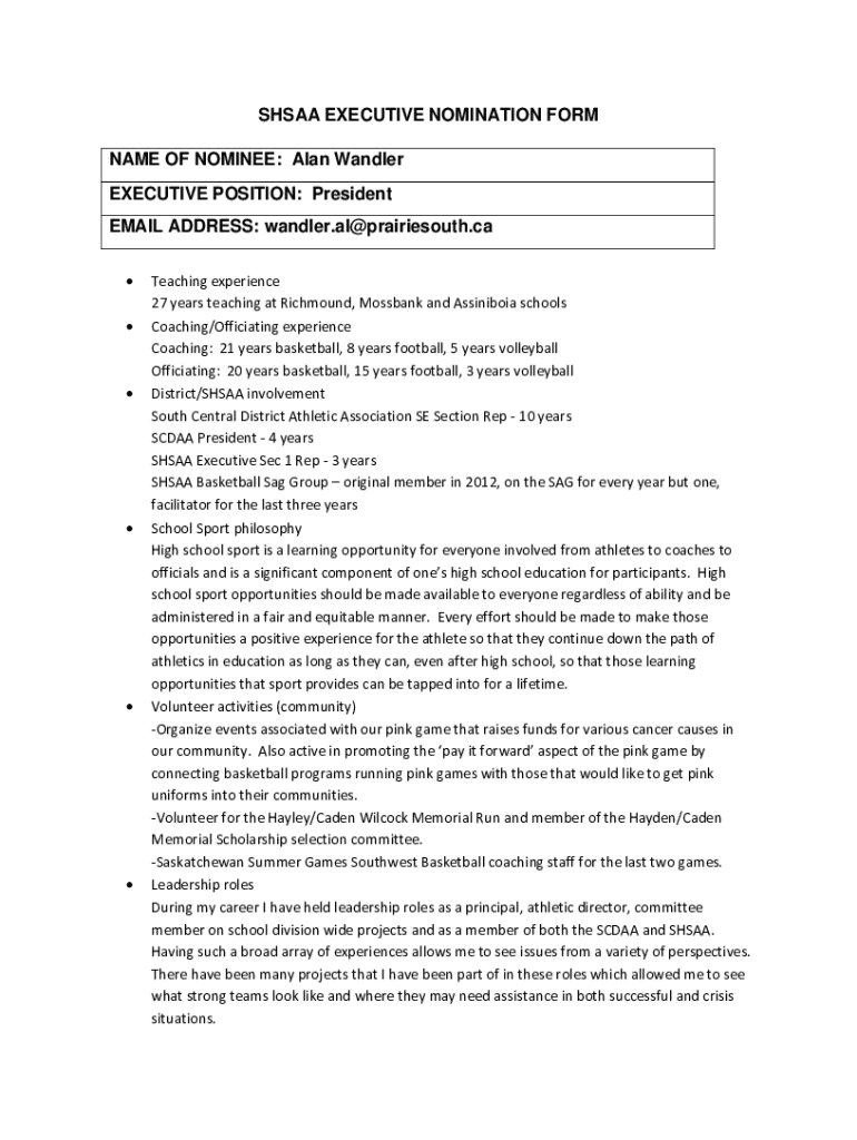 Fillable Online SHSAA EXECUTIVE NOMINATION FORM NAME OF NOMINEE ... Fax ...