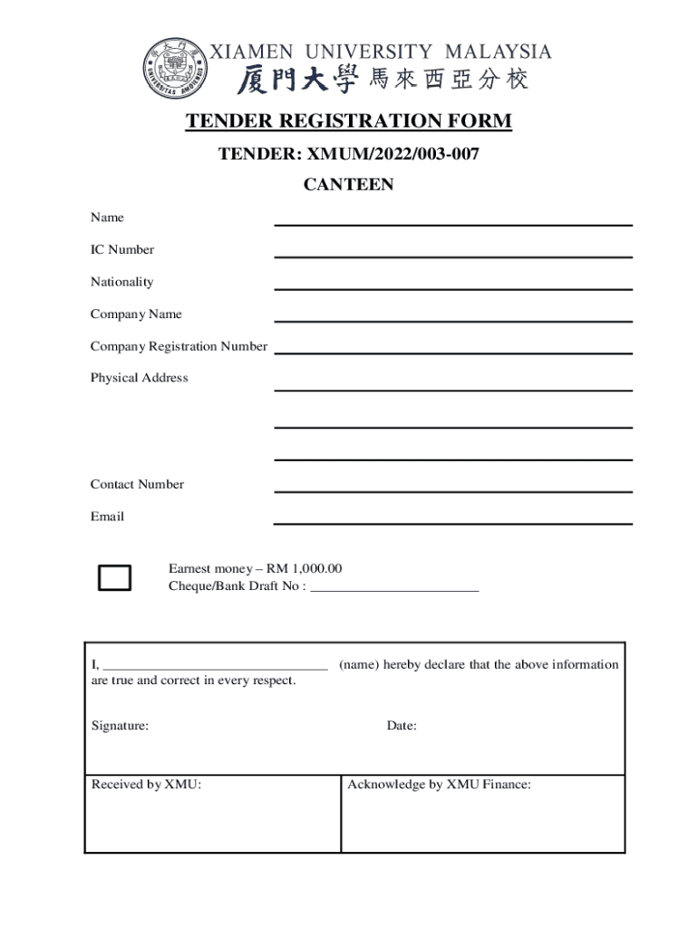 Fillable Online TENDER REGISTRATION FORM Fax Email Print - pdfFiller