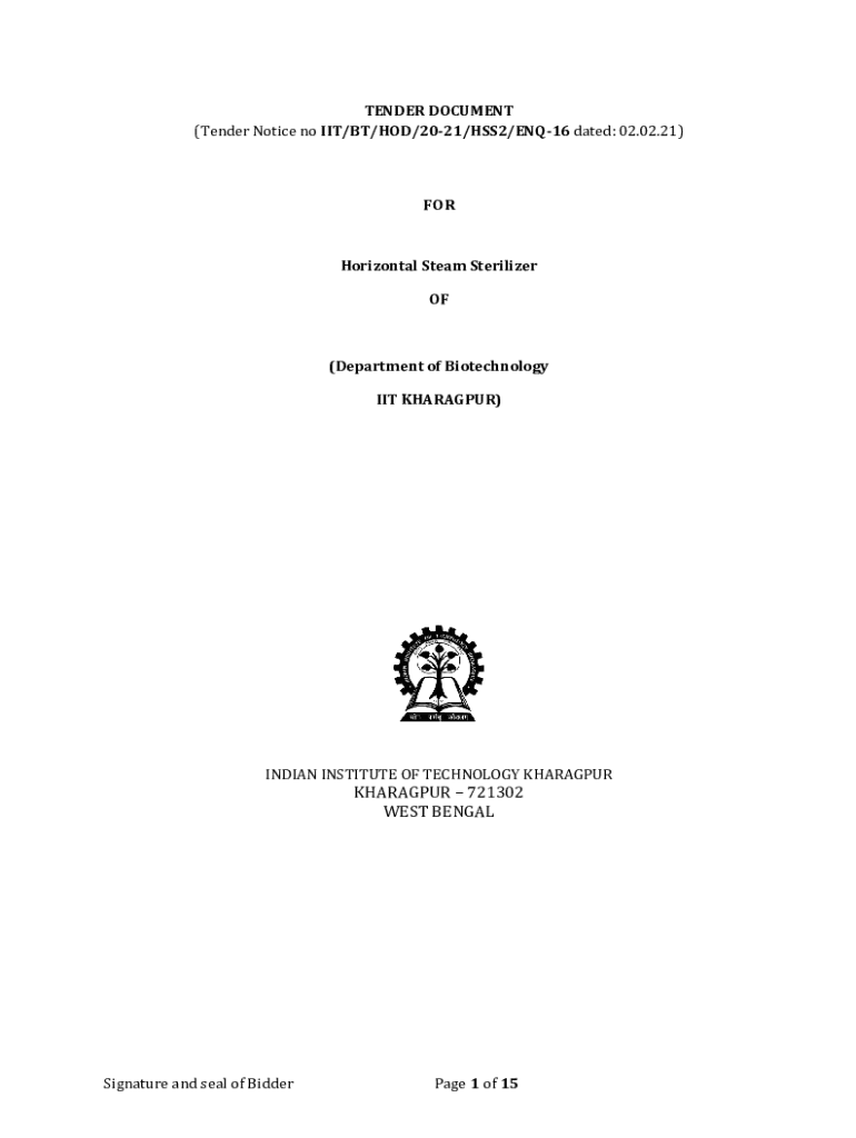 Fillable Online (Tender Notice no IIT/BT/HOD/20-21/HSS2/ENQ-16 dated ...