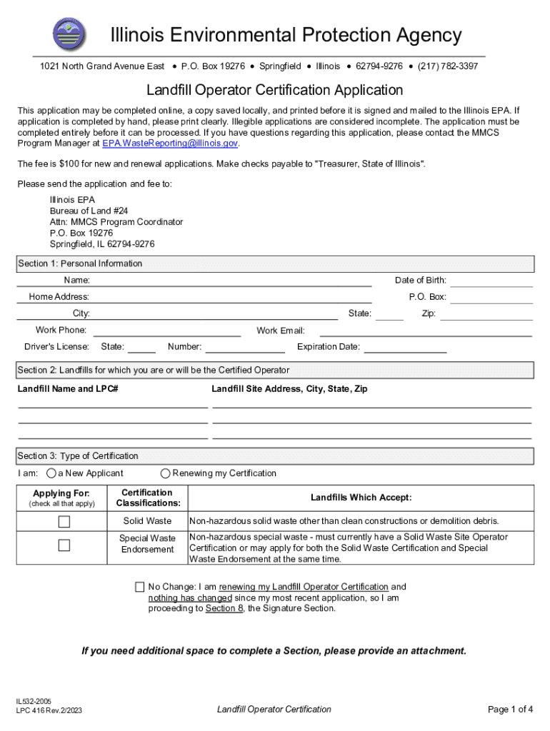 Fillable Online Landfill Operator Certification Forms - Illinois EPA ...