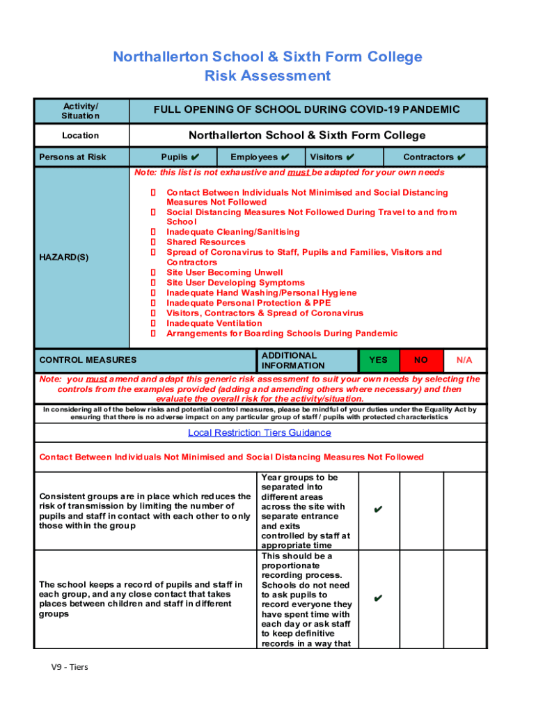 Fillable Online Northallerton School & Sixth Form College Risk ...