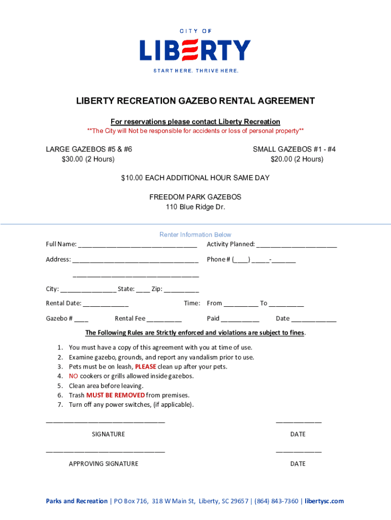 Fillable Online LIBERTY RECREATION GAZEBO RENTAL AGREEMENT Fax Email ...