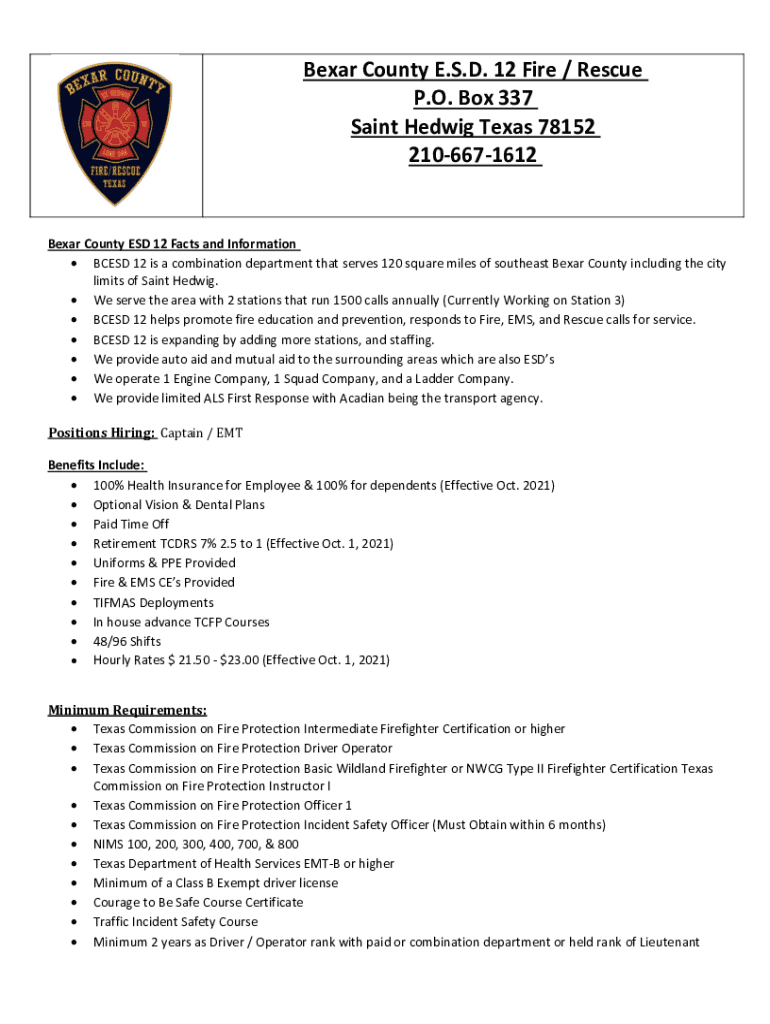 Fillable Online Bexar County ESD 12 Fire / Rescue PO ... Fax Email ...