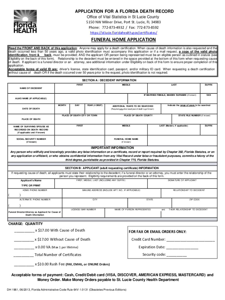 Fillable Online Death CertificatesFlorida Department of Health in St ...