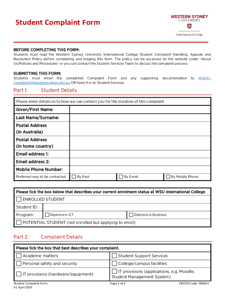 Fillable Online Student Complaint Handling, Appeals and Resolution Policy Fax Email Print ...