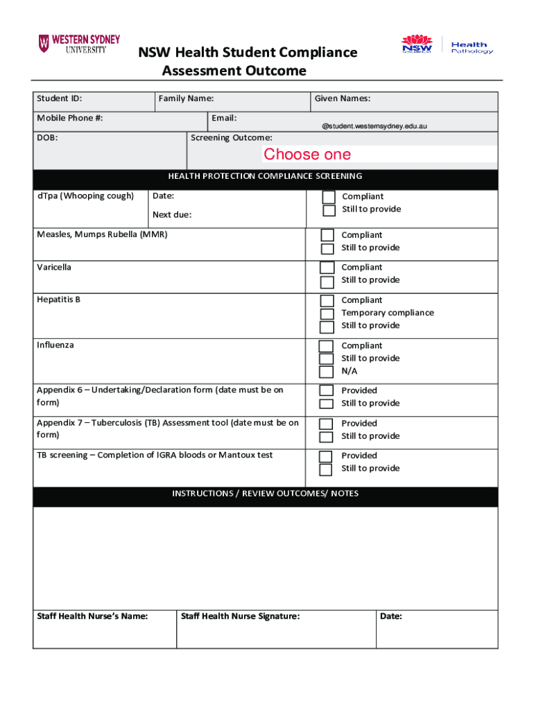 Fillable Online NSW Health Student Compliance Assessment Outcome Fax ...