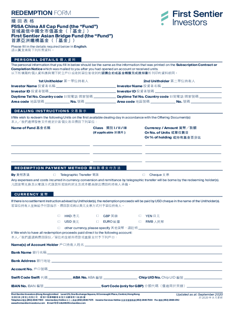 Fillable Online REDEMPTION FORM - First Sentier Investors Fax Email ...