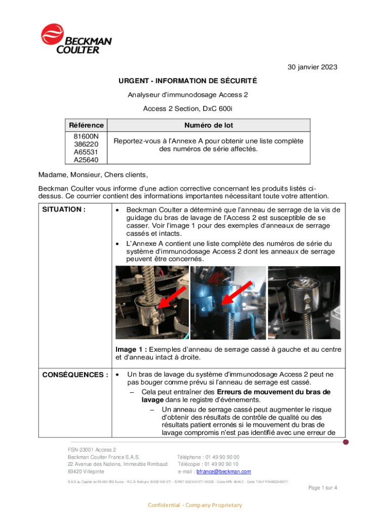 Remplissable En Ligne Class 2 Device Recall UniCel DxC 600i SYNCHRON ...