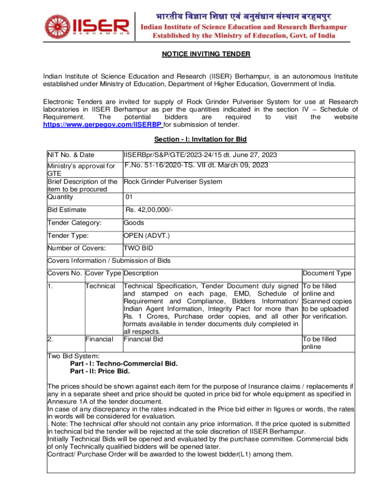 Fillable Online Electronic Tenders are invited for supply of Rock Grinder Pulveriser System for ...