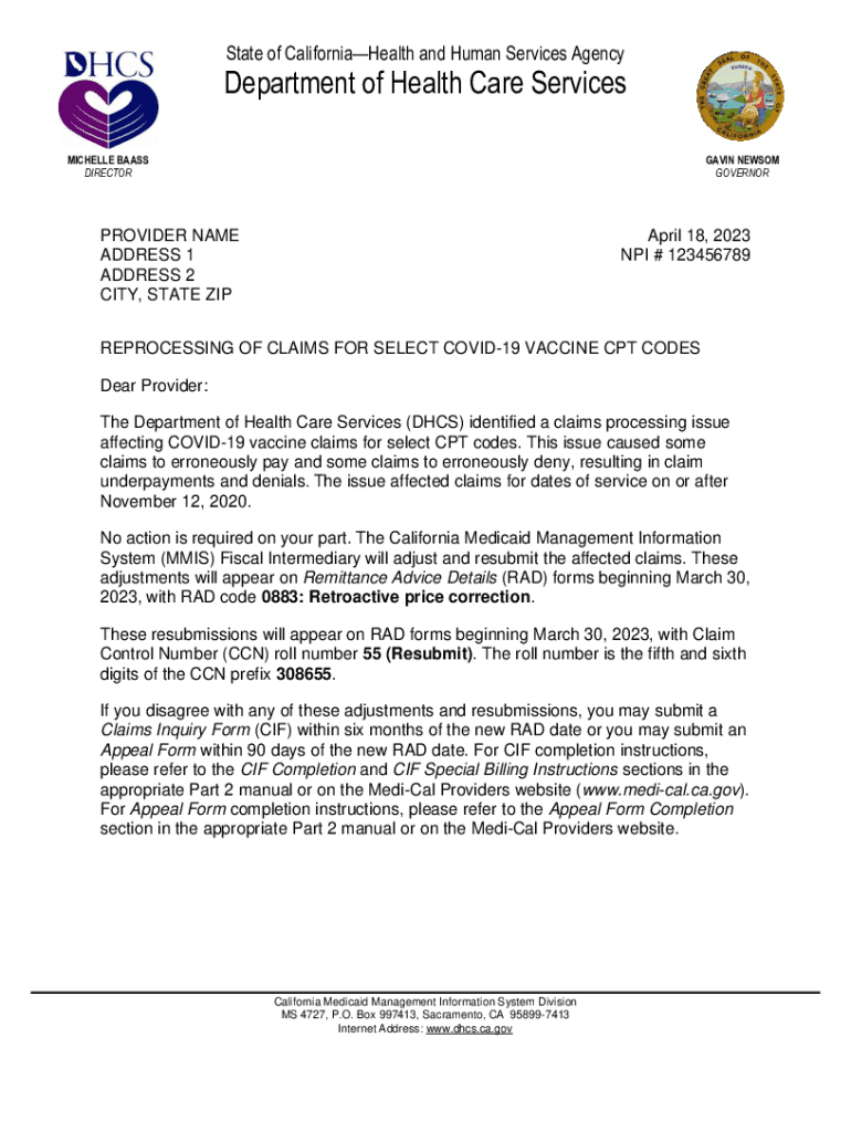 Fillable Online REPROCESSING OF CLAIMS FOR SELECT COVID-19 VACCINE CPT ...