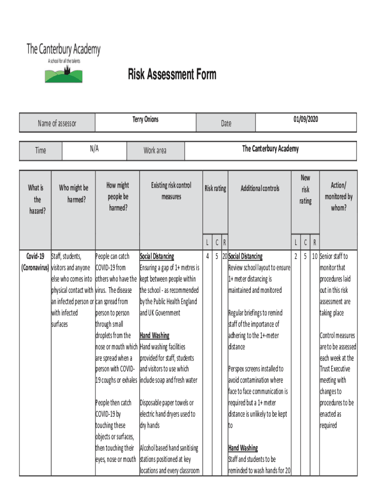 Fillable Online Generic COVID-19 WORKPLACE Risk Assessment Form Fax ...