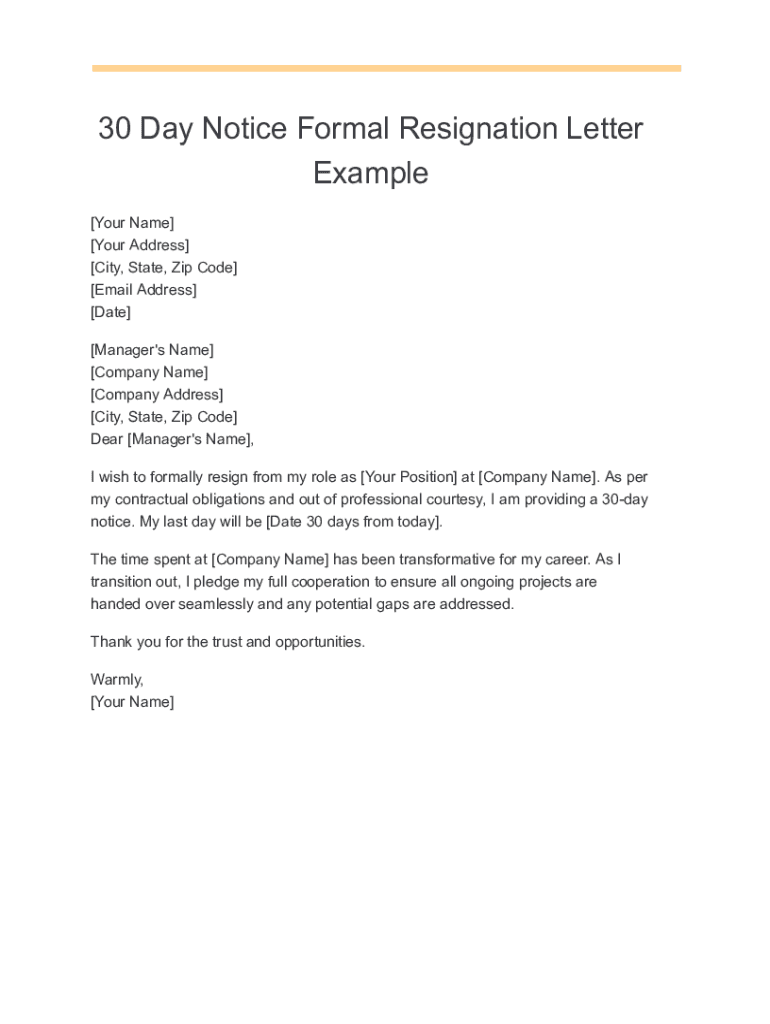 Fillable Online 30 Day Notice Formal Resignation Letter Example Fax ...