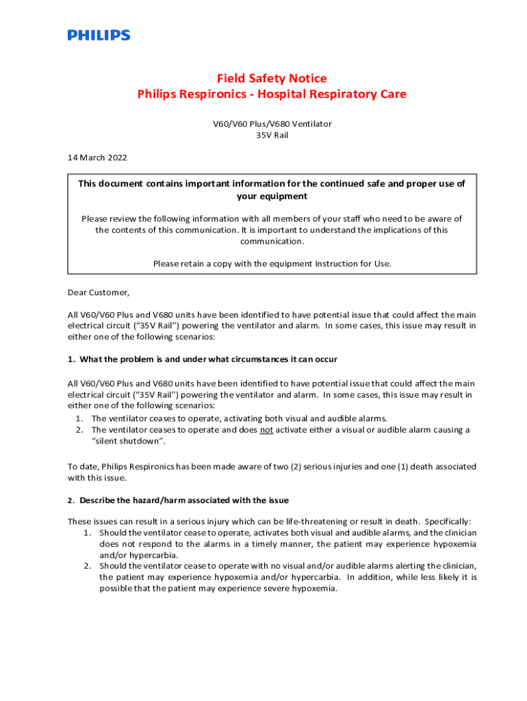 Fillable Online Philips Respironics Recalls All V60 and V60 Plus ...