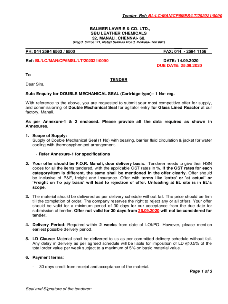Fillable Online Tender Ref: BL/LC/MAN/CP6MES/LT/202021/0090 Seal and ...