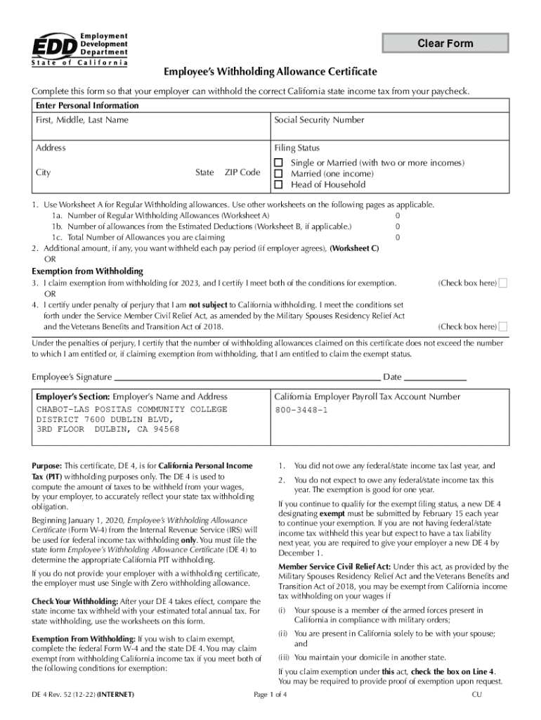 Fillable Online Employee's Withholding Allowance Certificate (DE 4) Rev ...