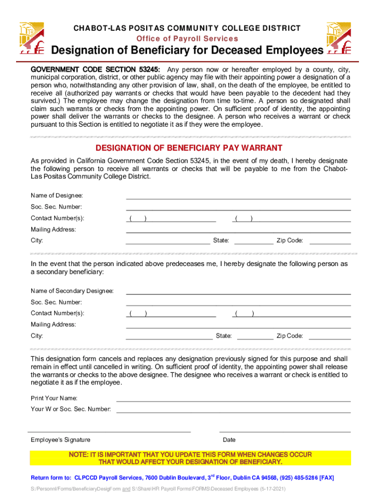 Fillable Online Employee's Designation of Beneficiary Under Government ... Fax Email Print ...