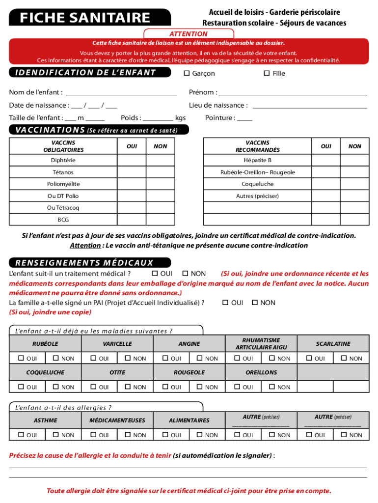 Remplissable En Ligne FICHE SANITAIRE DE LIAISON ACCUEIL PERISCOLAIRE ... Fax Email Imprimer ...