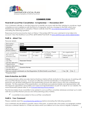 Fillable Online 1 COMMENT FORM Final Draft Local Plan Consultation Fax Email Print - pdfFiller