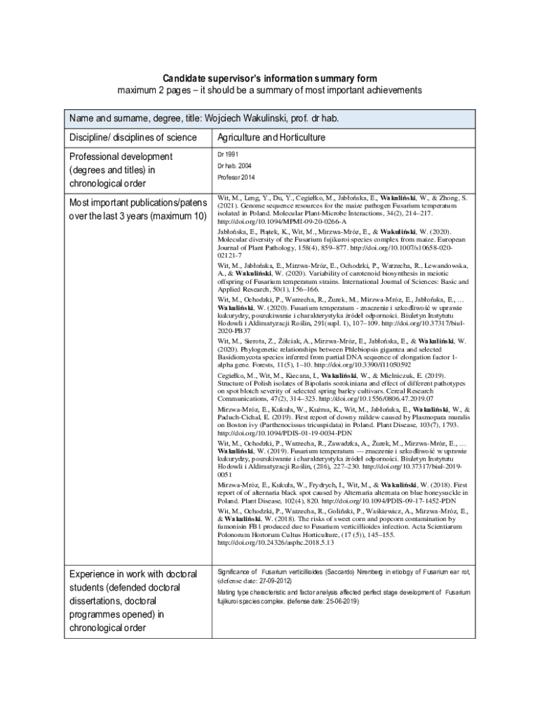 Fillable Online Candidate supervisors information summary form Fax ...