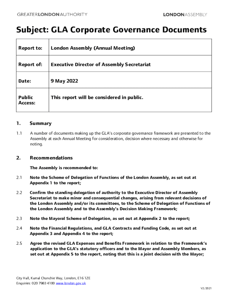 Fillable Online GLA Group Corporate Governance Framework Agreement ...