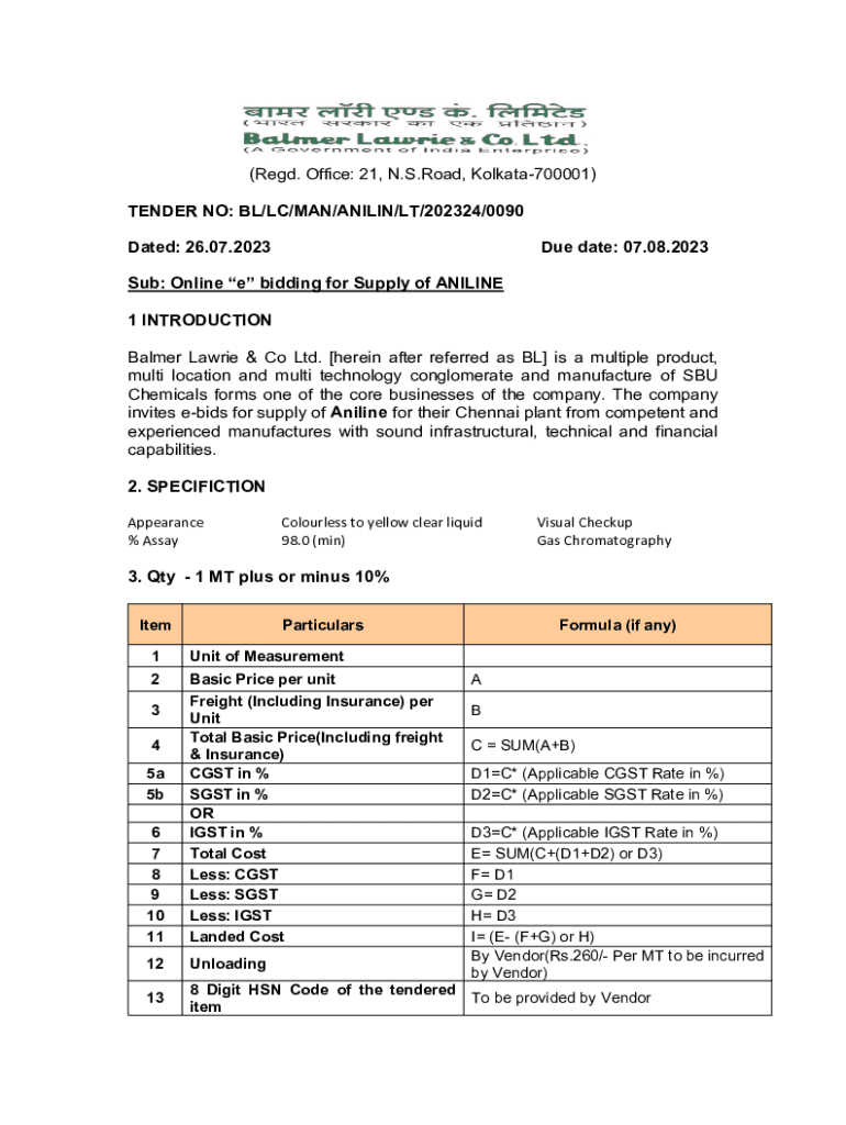 Fillable Online TENDER NO: BL/LC/MAN/ANILIN/LT/202324/0090 Fax Email ...