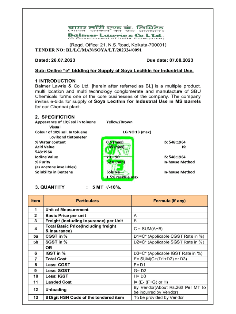 Fillable Online TENDER NO: BL/LC/MAN/SOYA/LT/202324/0091 Fax Email ...