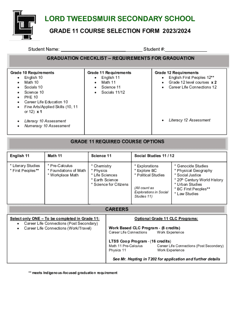 Fillable Online lord tweedsmuir secondary school - grade 11 course ...