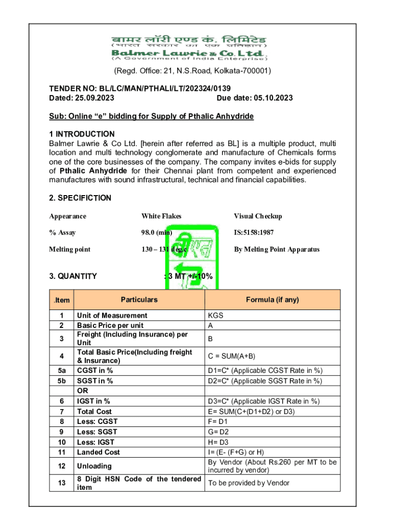 Fillable Online TENDER NO: BL/LC/MAN/PTHALI/LT/202324/0139 Fax Email ...