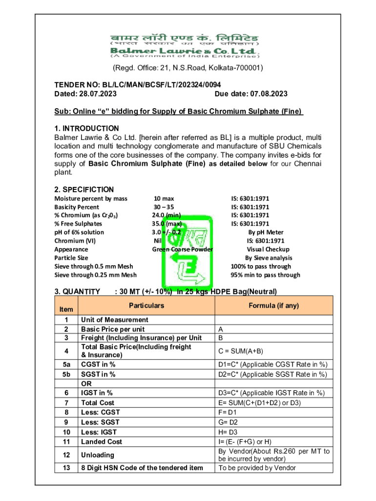 Fillable Online TENDER NO: BL/LC/MAN/BCSF/LT/202324/0094 Fax Email ...