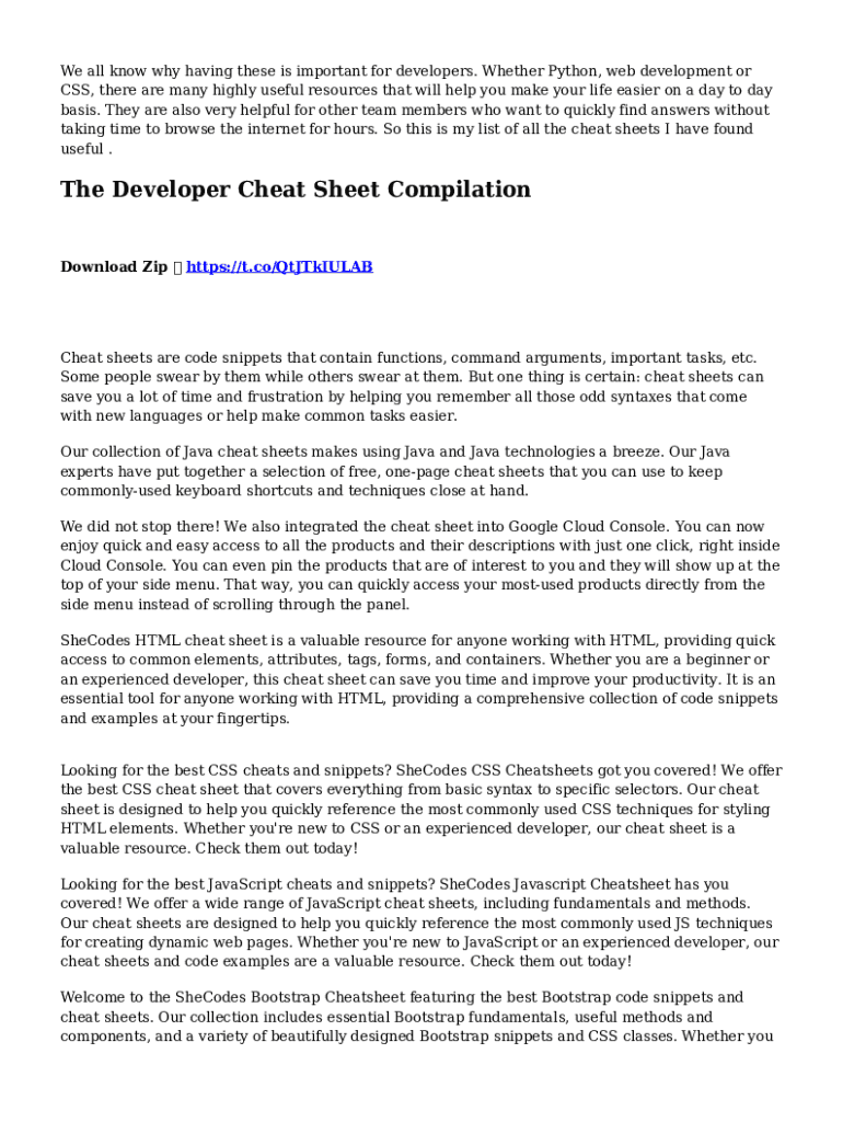 Fillable Online The Developer Cheat Sheet Compilation Fax Email Print - pdfFiller