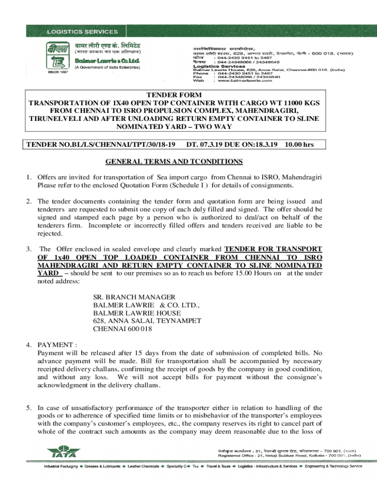 Fillable Online TENDER FORM TRANSPORTATION OF 1X40 OPEN TOP ... Fax ...