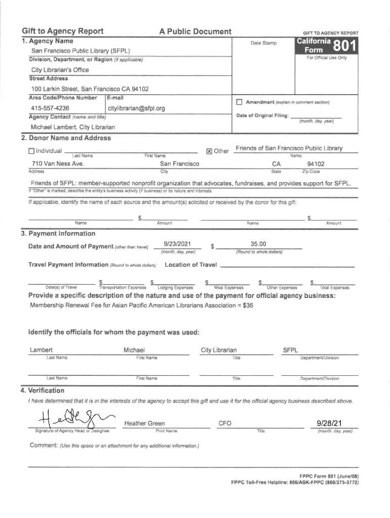 Fillable Online Gift to Agency Report A Public Document California 801 ...
