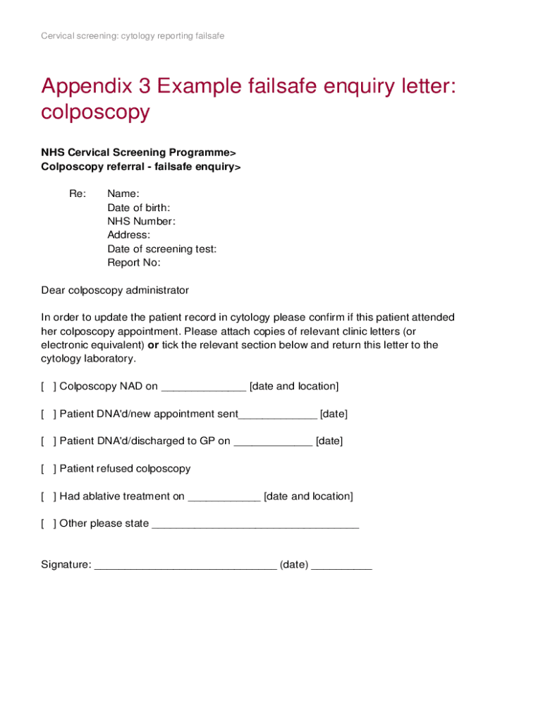 Fillable Online Appendix 3 Example failsafe enquiry letter: colposcopy Fax Email Print - pdfFiller