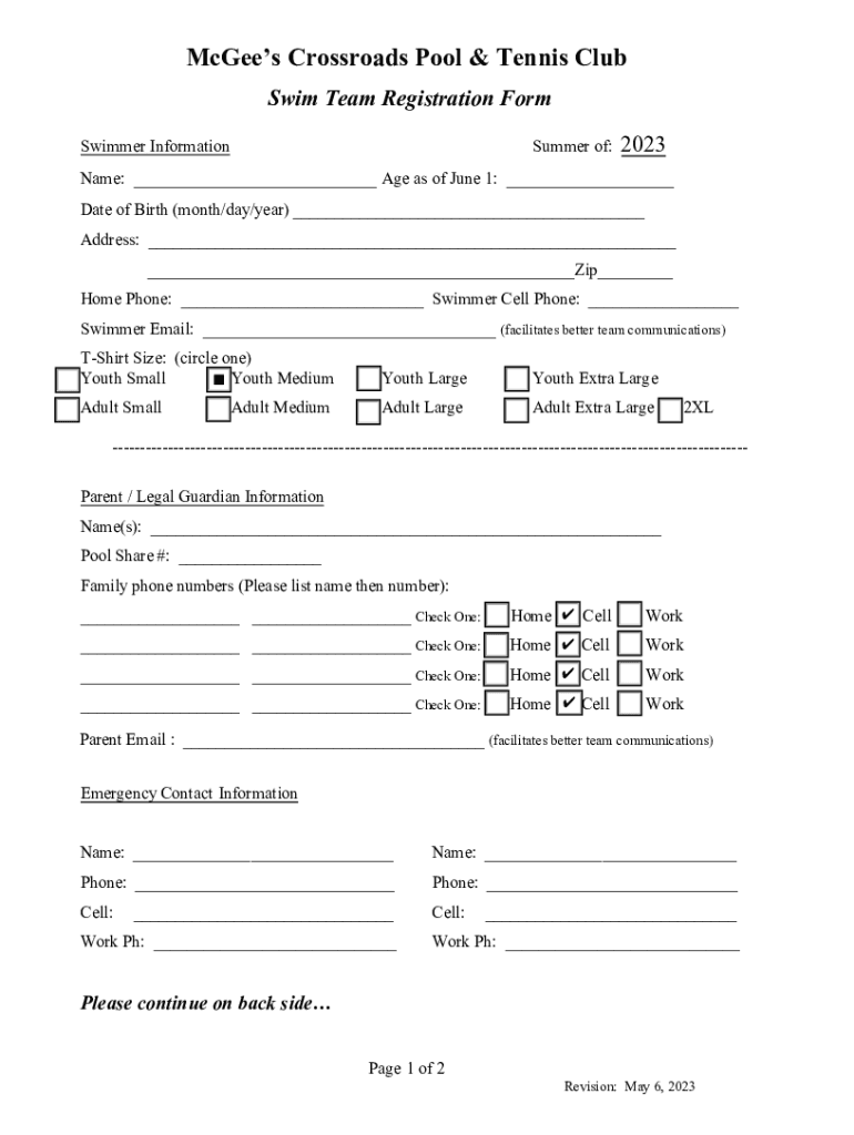 Fillable Online McGee's Crossroads Pool & Tennis Club - Swim Team ...