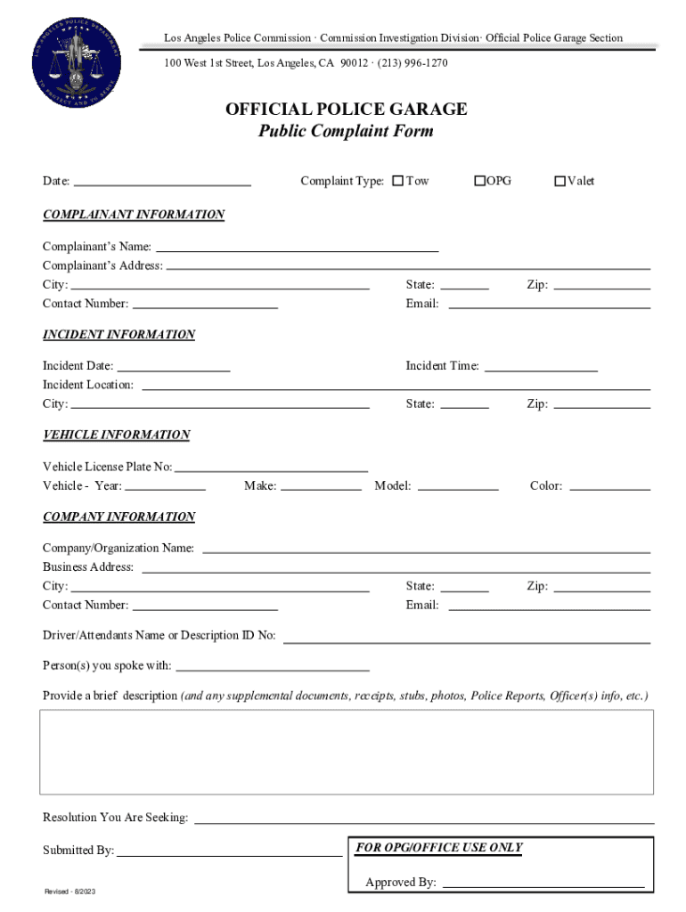Fillable Online OFFICIAL POLICE GARAGE Public Complaint Form Fax Email ...