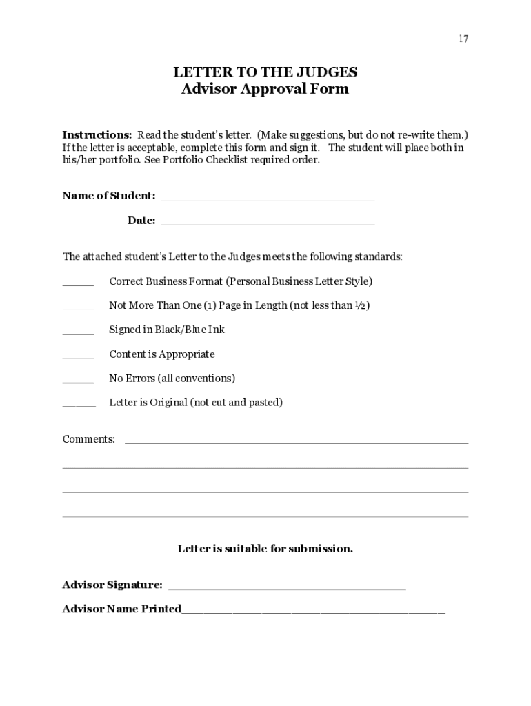 Fillable Online Advisor Appr. Form Letter to Judges Fax Email Print - pdfFiller
