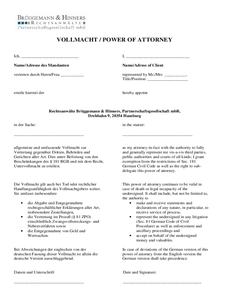 Ausfüllbar Online VOLLMACHT / POWER OF ATTORNEY Fax Email Drucken ...