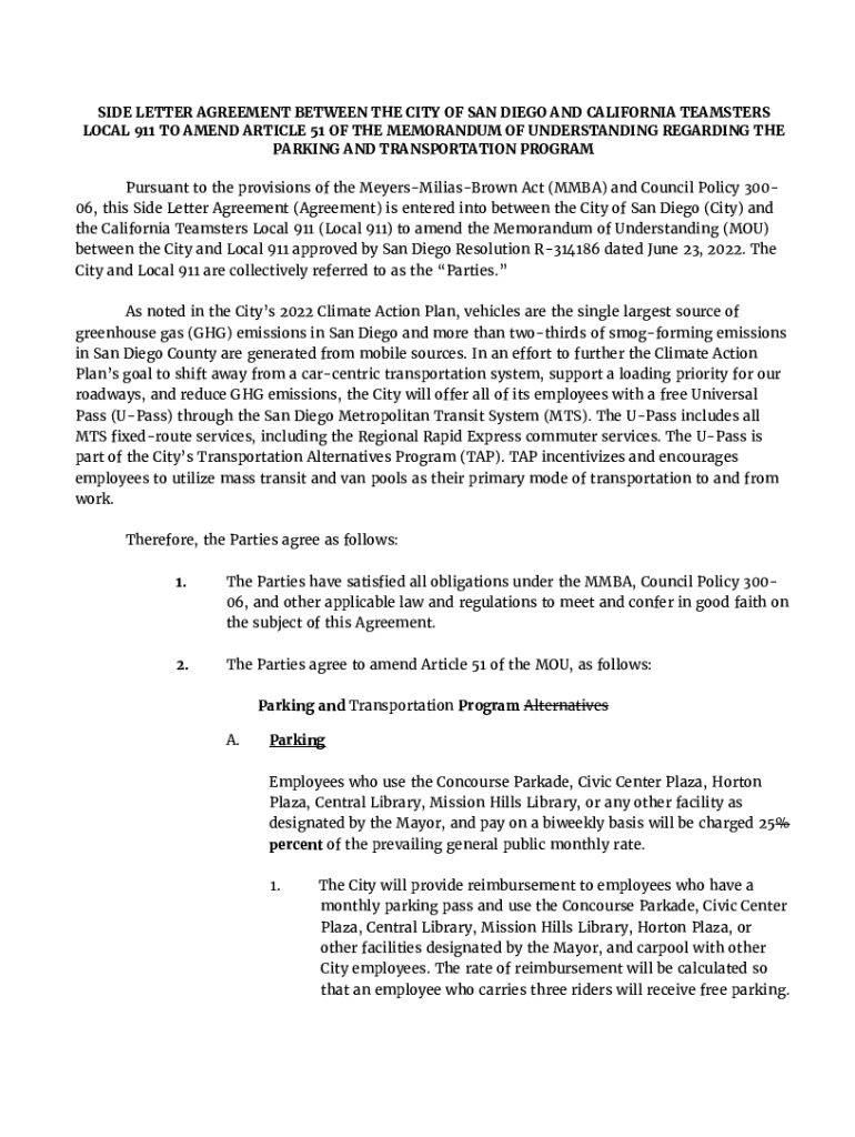 Fillable Online Side Letter of Agreement City of San Diego And ...
