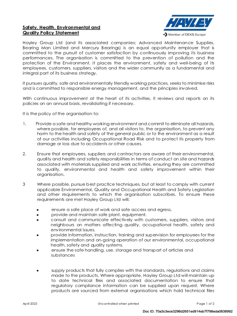 Fillable Online Safety, Health, Environmental and Quality Policy ...