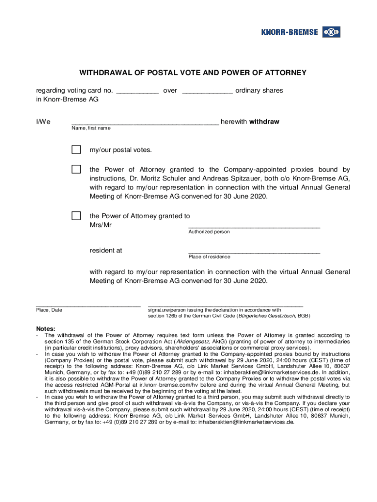 Fillable Online WITHDRAWAL OF POSTAL VOTE AND POWER OF ... Fax Email ...