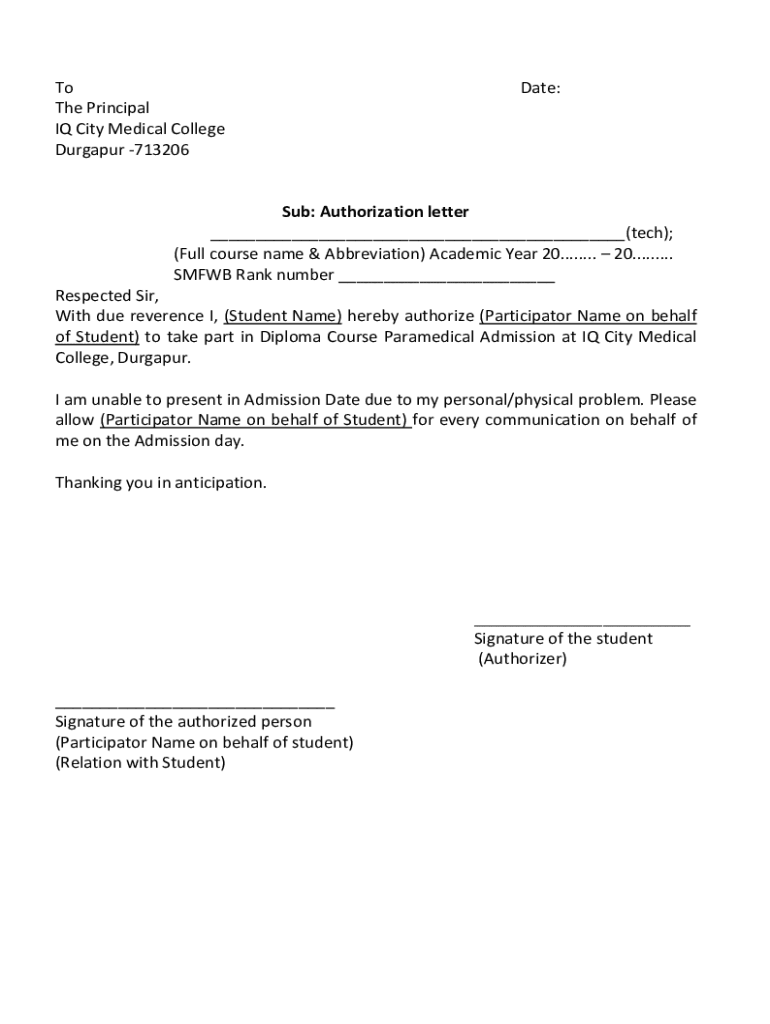 Fillable Online Authorization letter - Durgapur - IQ City Medical College Fax Email Print ...