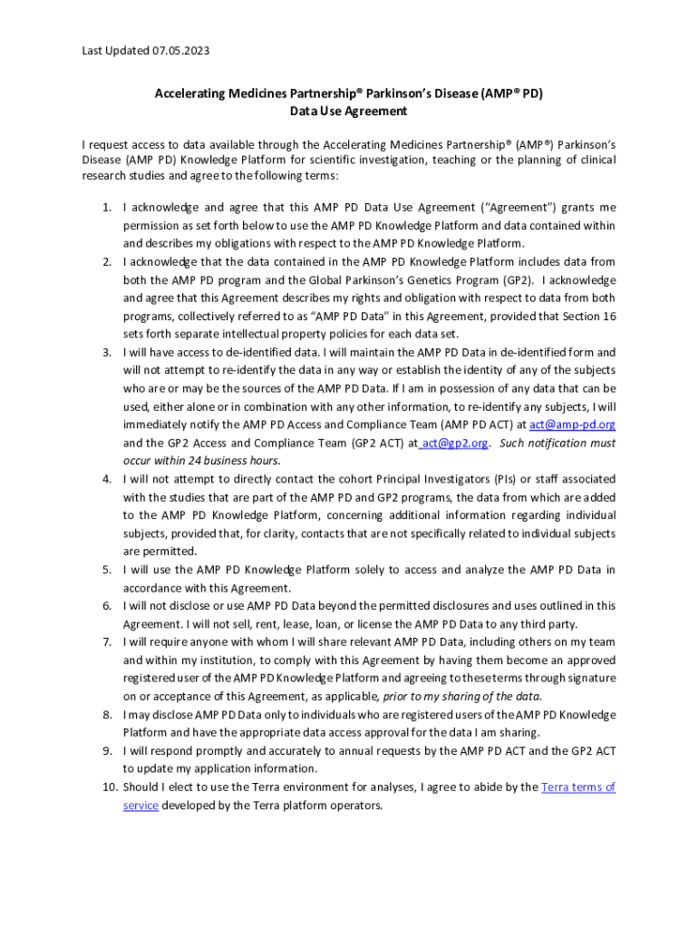 Fillable Online Data Use Agreement (DUA) - AMP-PD Fax Email Print - pdfFiller