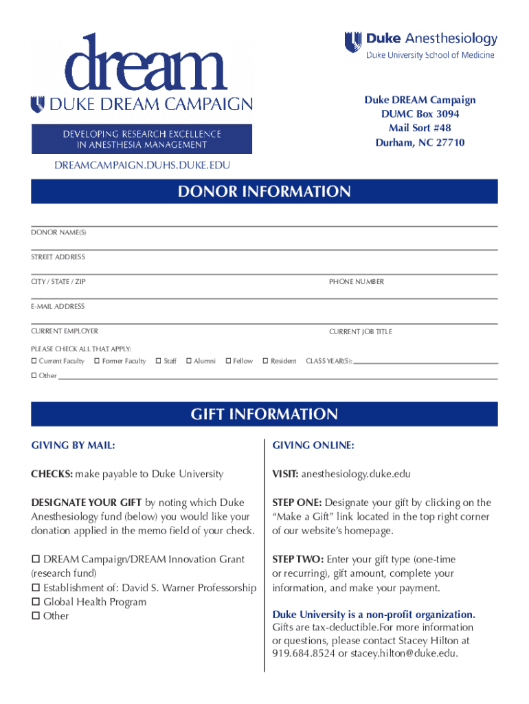 Fillable Online DREAM-Donation-Form.pdf - Duke Anesthesiology Fax Email ...