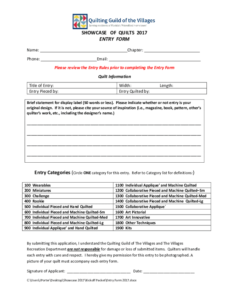 Fillable Online Quilt Entry Form for Quilt Exhibit at Stecoah Valley ...