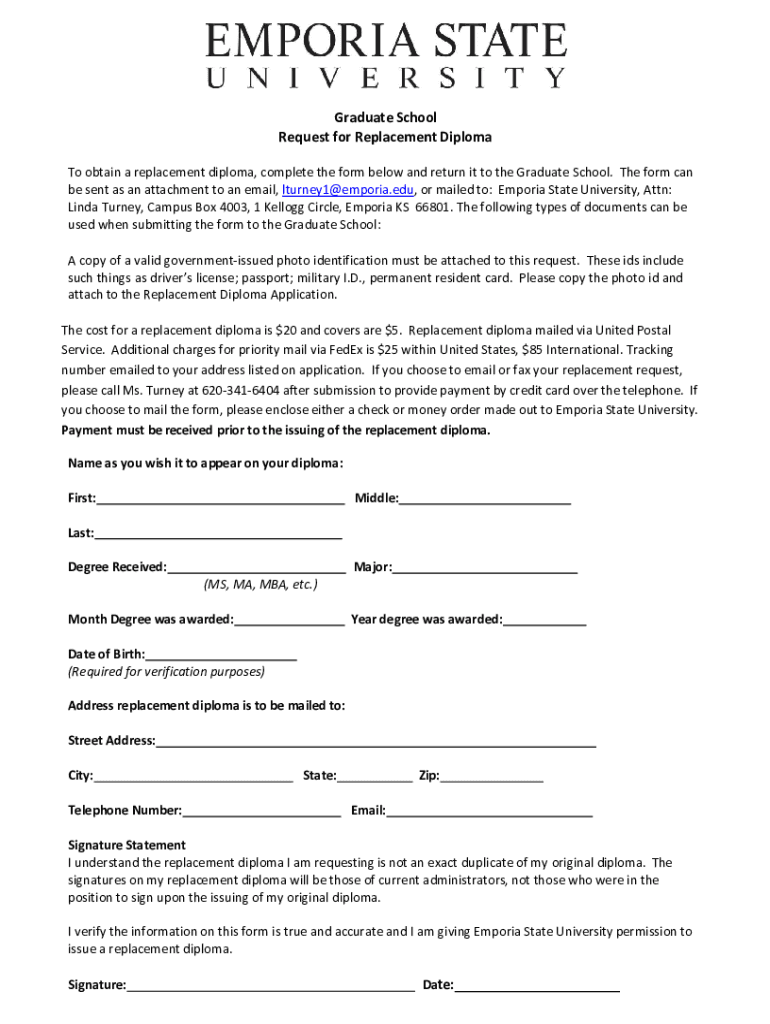 Fillable Online Graduate School Request for Replacement Diploma Date: Fax Email Print - pdfFiller