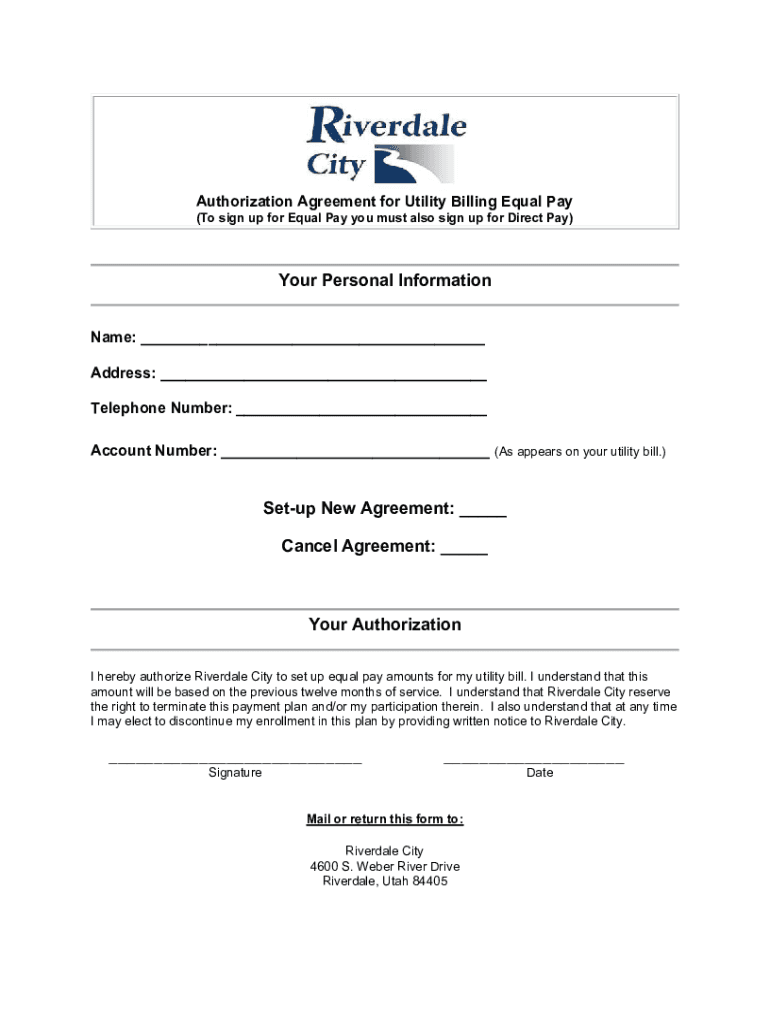 Fillable Online Authorization Agreement for Utility Billing Equal Pay ...