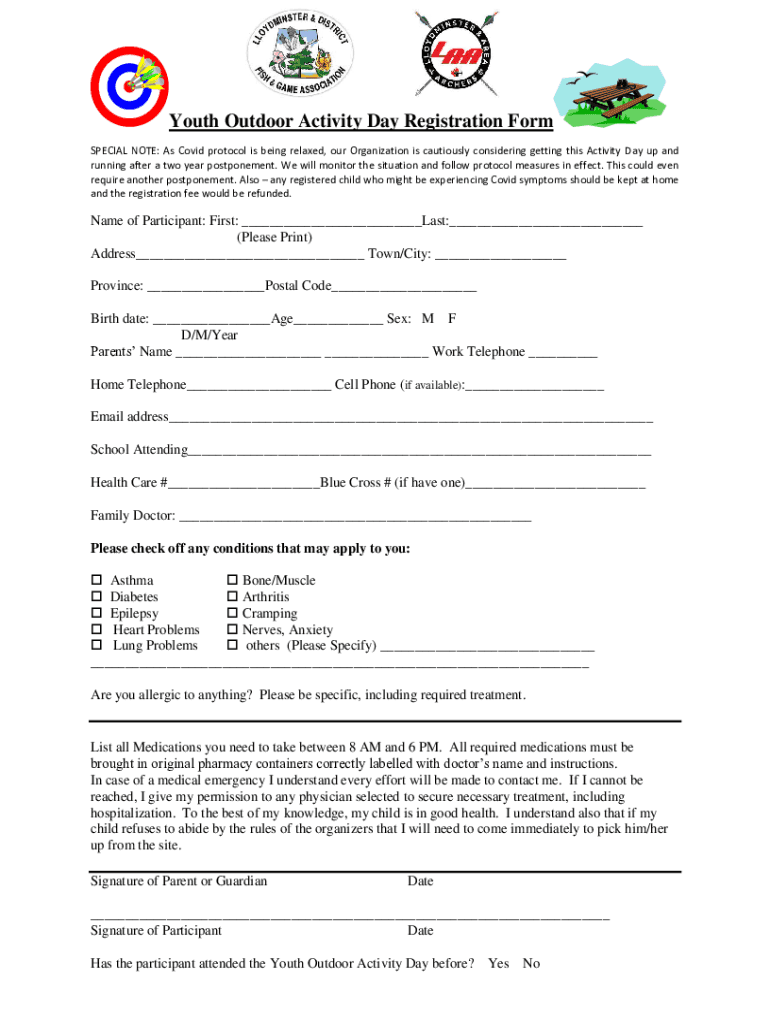 Fillable Online Youth Outdoor Activity Day Registration Form Fax Email ...